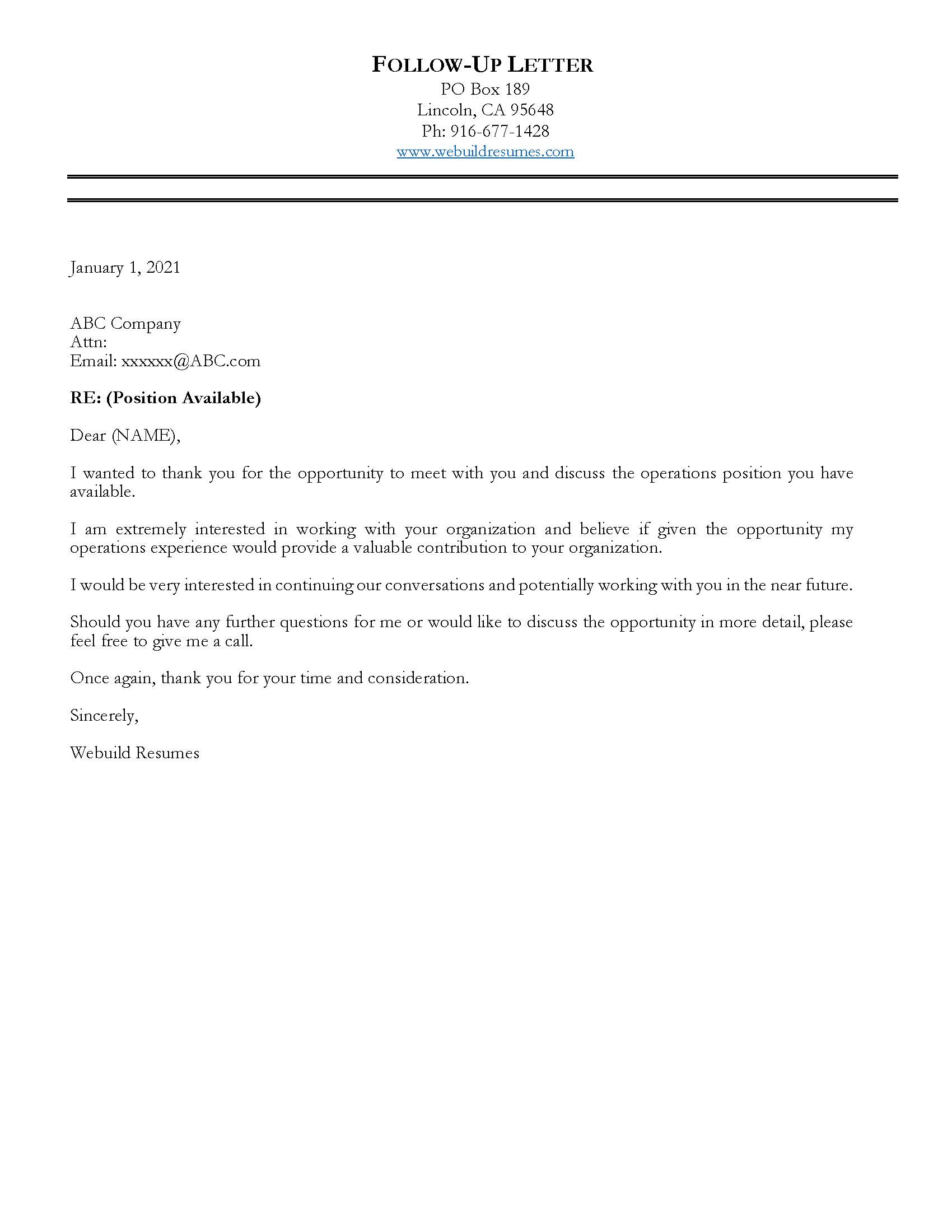 Follow-up Letter Writing Package | Webuild Resumes